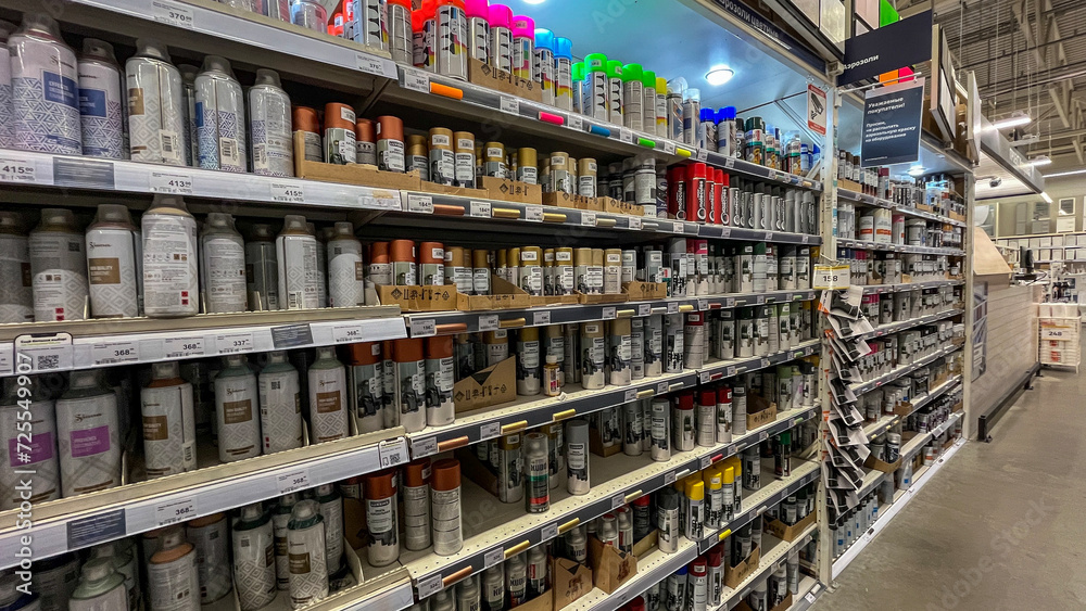 Moscow, 13 January 2024, Large selection of spray paint in the store ...