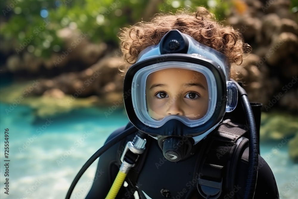 Portrait of cute little boy wearing scuba diving suit and mask Stock ...