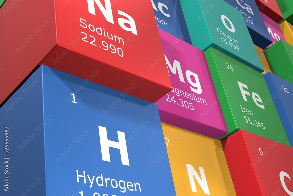 3D rendering of cubes of the elements of the periodic table, sodium ...