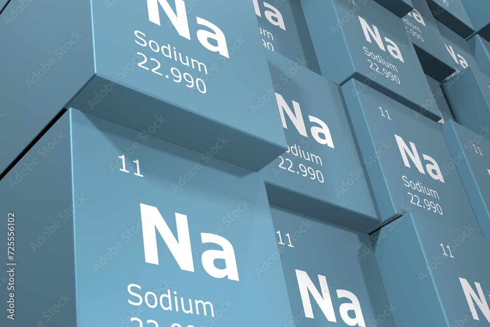 Sodium, 3D rendering background of cubes of symbols of the elements of ...