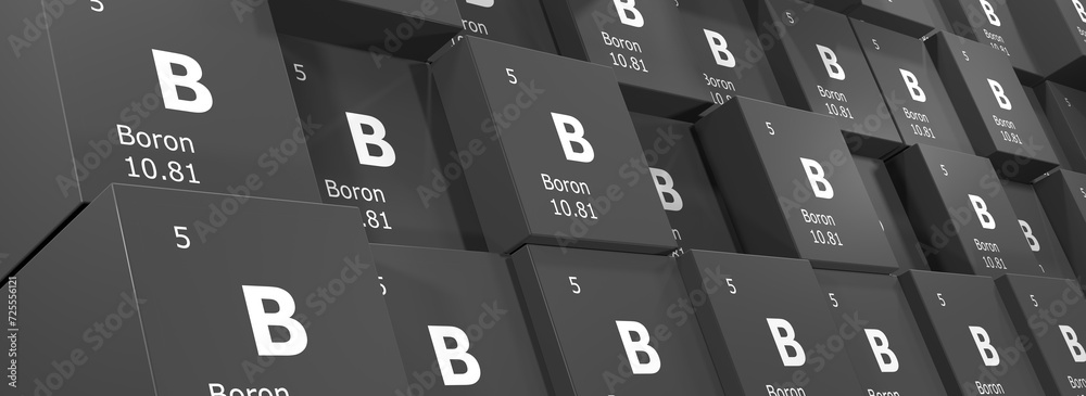Boron, 3D rendering background of cubes of symbols of the elements of ...