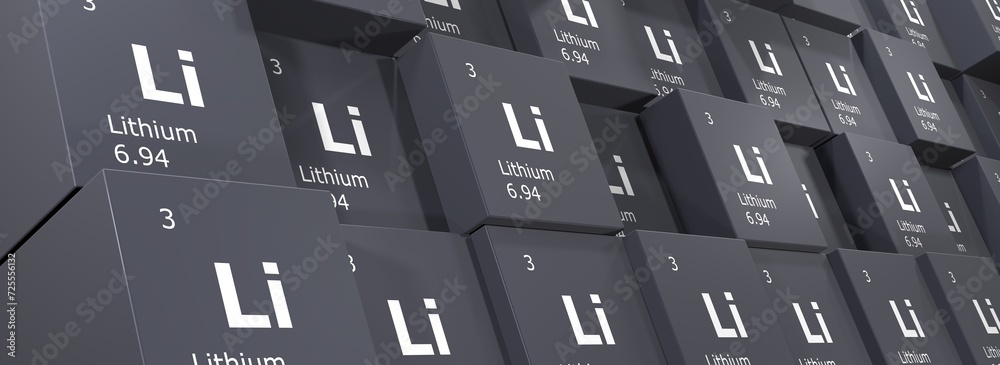 Lithium, 3D rendering background of cubes of symbols of the elements of ...