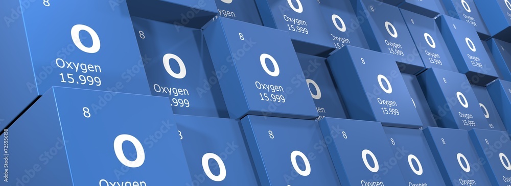 ภาพประกอบสต็อก Oxygen, 3D rendering background of cubes of symbols of ...