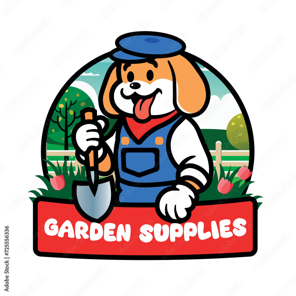 Cartoon logo design template, gardener dog in apron holding a spade ...