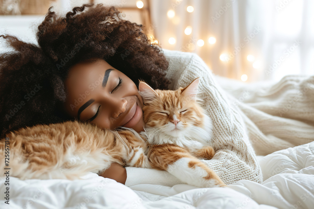 heartwarming embrace, joyful woman snuggling with her ginger cat in ...