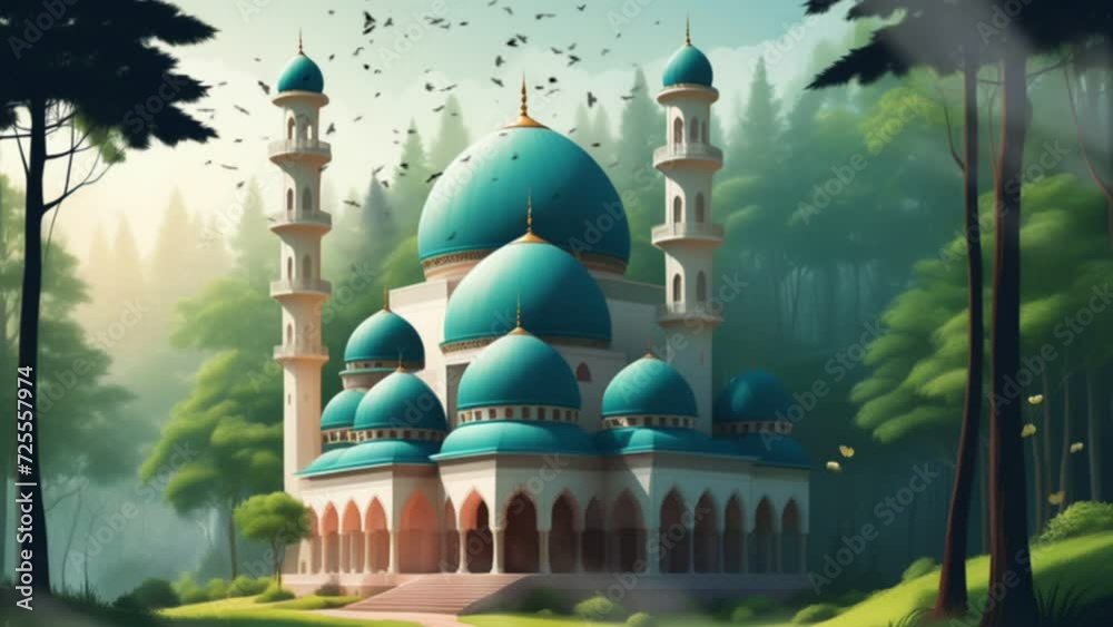 Islamic animation of beautiful mosque building and beautiful trees ...