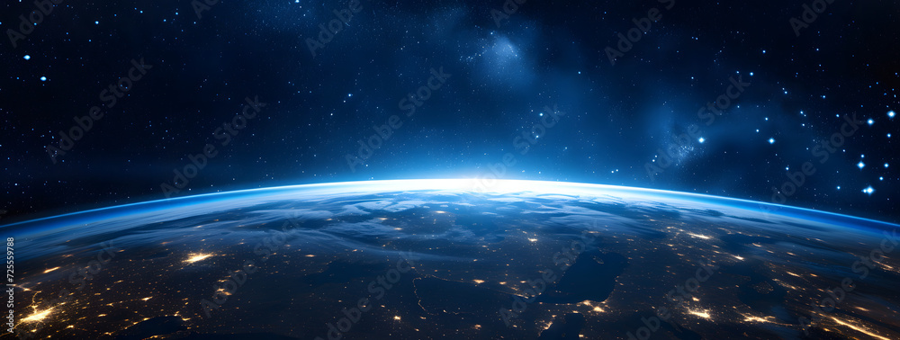 Earth shot from space, displaying shining lights, stars, and a dark ...