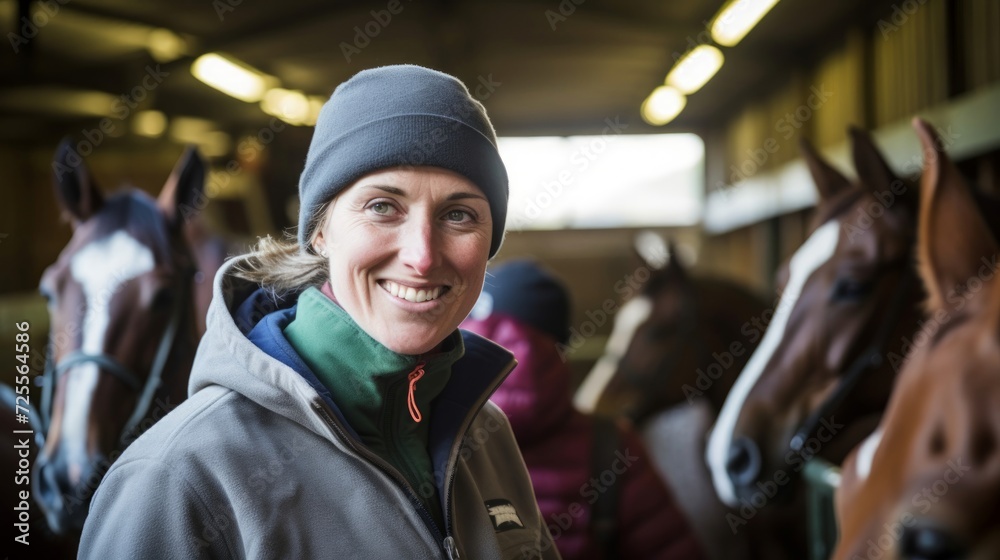 In well-kept stable happy horse trainer warmly smiles horses nuzzle and ...