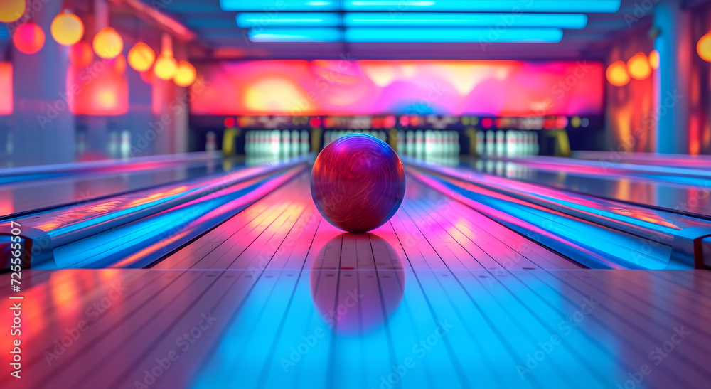 Vibrant bowling alley with a red and blue swirling bowling ball ...