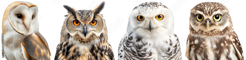 Collection of portraits of different owl species, barn, eagle, snowy ...