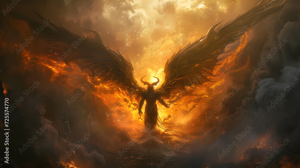 Female demon, demon with wings standing in liquid water and smoke, in ...