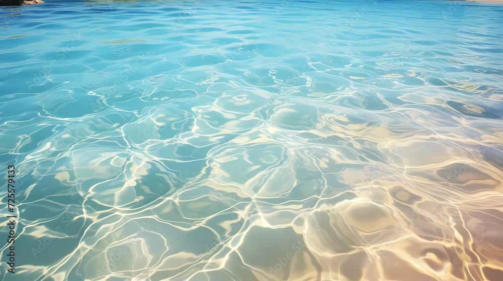 Sandy beach with light blue transparent water waves and sunlight ...