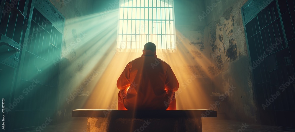 Alone man in orange prison uniform on bench in jail cell with space for ...