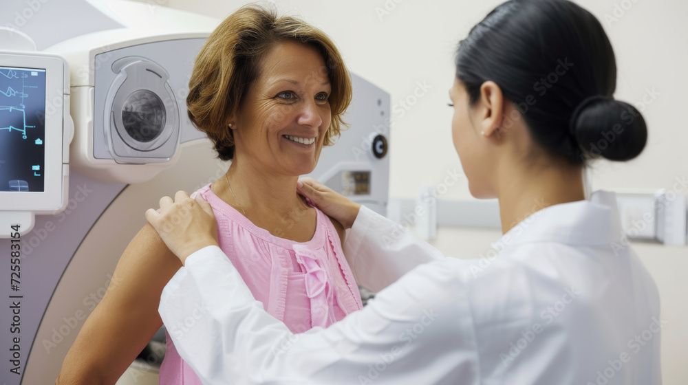 Nurse Assisting Patient Undergoing Mammogram In the Hospital, Female ...