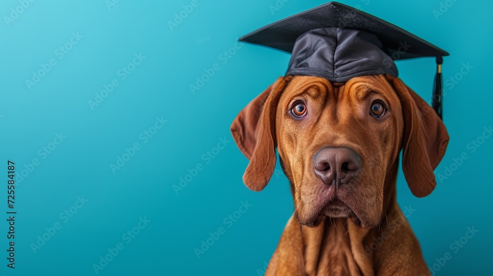 Humorous dog in graduation cap and gown on pastel background with room ...