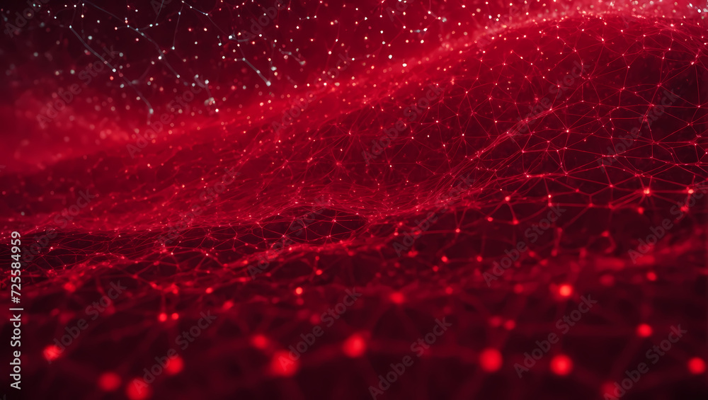 Abstract crimson red technology background featuring a cyber network grid, connected particles ...