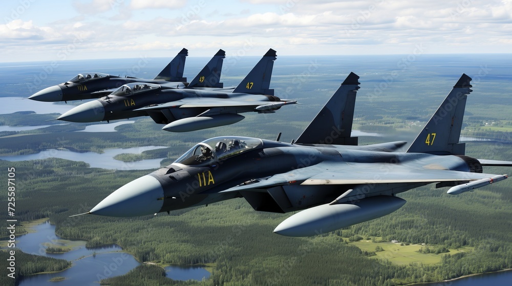 Military fighter jets in flawless formation during training maneuvers ...