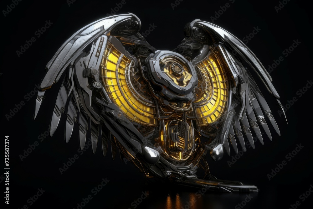 Cyberpunk feathered wing machine. Futuristic robotic winged birdy ...