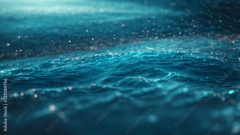 Abstract ocean blue technology background with a cyber network grid ...