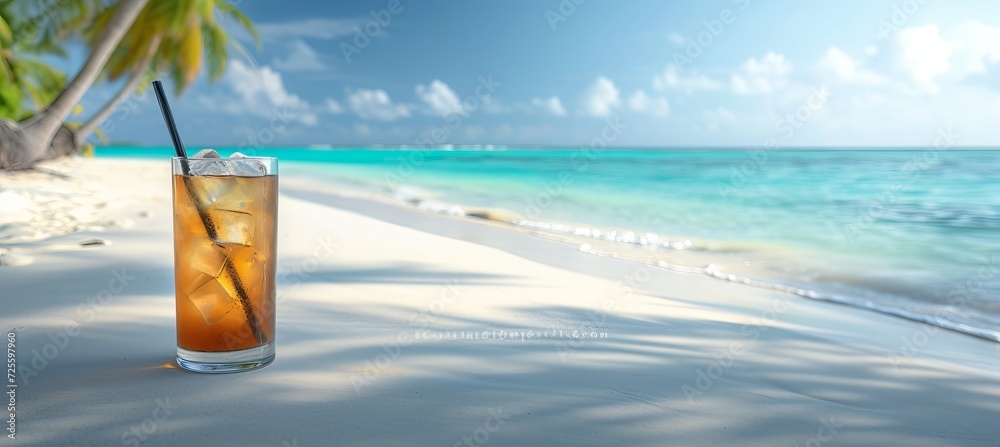 Tropical long island iced tea cocktail with blurred beach background ...