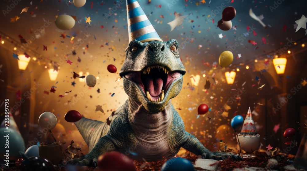 trex Happy cute animal friendly dinosaur wearing a party hat ...