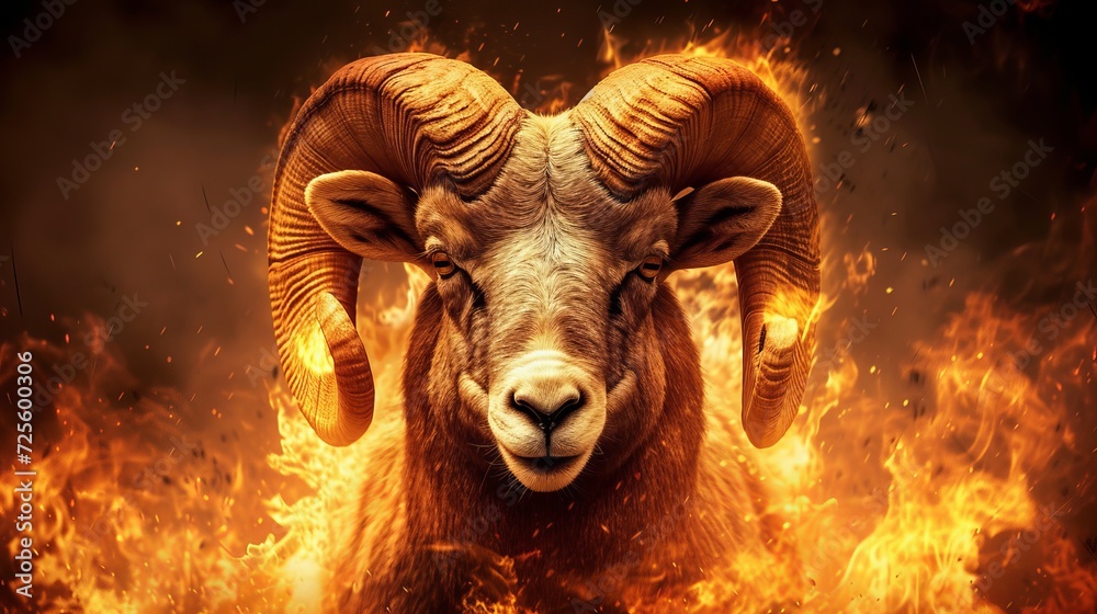 Aries zodiac symbol with fiery ram, dynamic flames, and pioneering ...