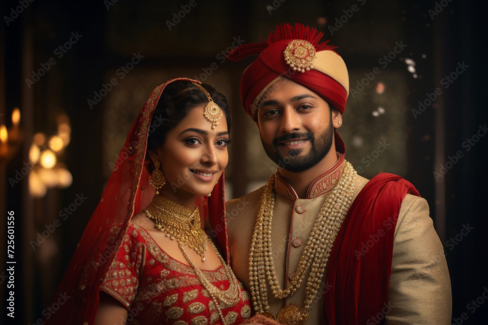 Happy Indian ethnic Bride and Groom wearing traditional costumes and ...