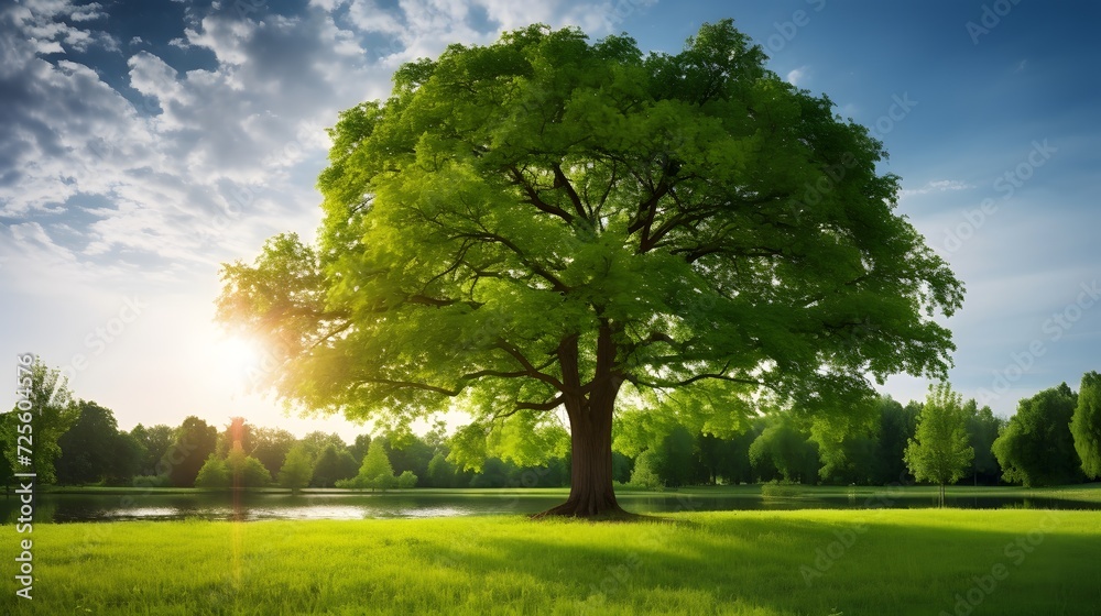 Big green tree with beautiful branches in the park. Green grass field ...
