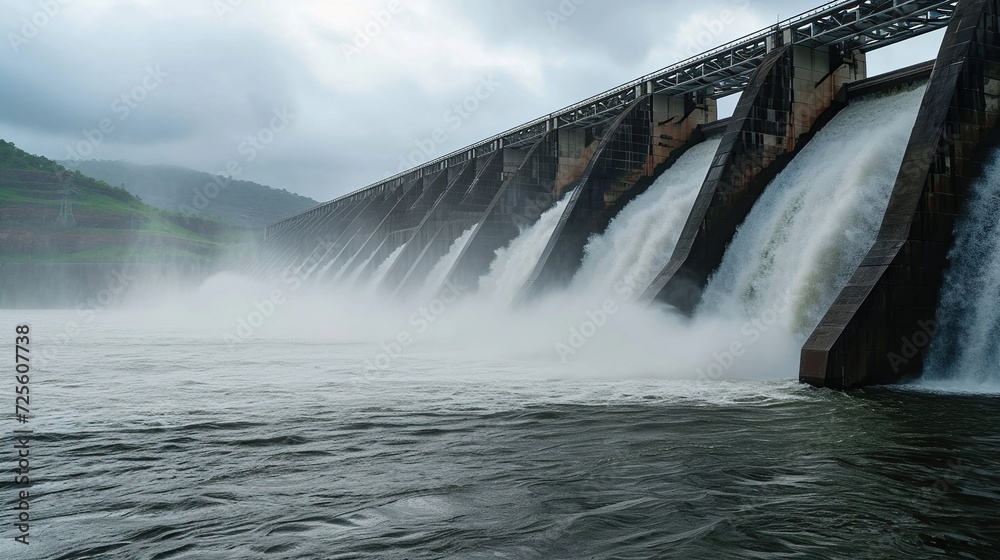 Portrait a large dam with water flowing out. Hydroelectric power plant ...