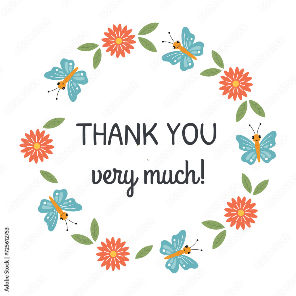 Thank you very much round card, sticker in floral frame for greeting ...