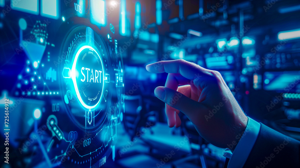 Hand point finger press start button. beginning of a process or ...