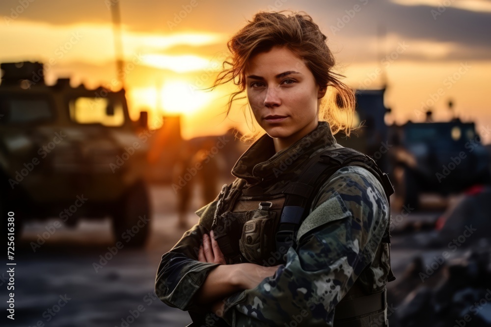A Resilient Female Combat Medic Poses at the Military Camp as the Sun ...