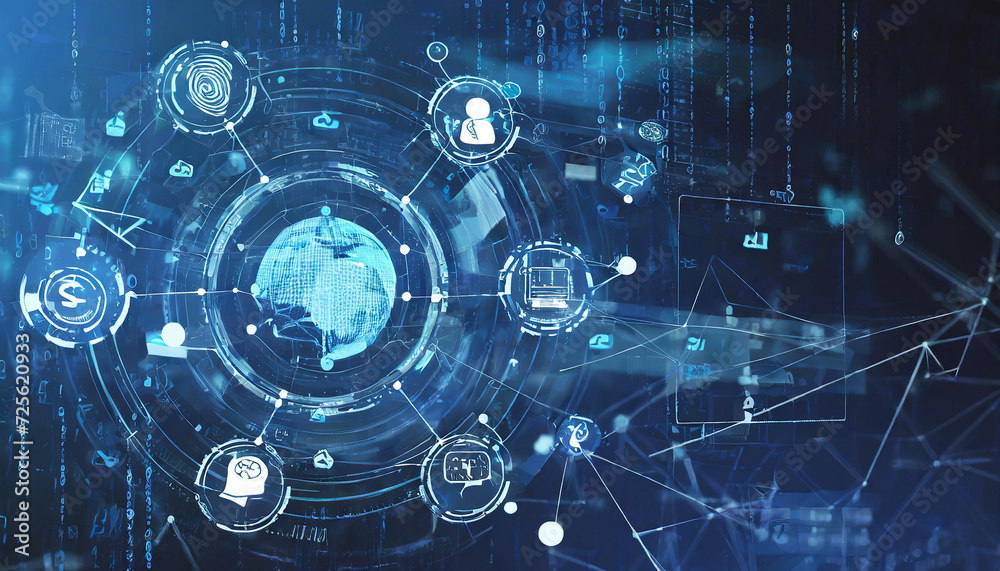 Creative connected digital business interface with various icons and ...