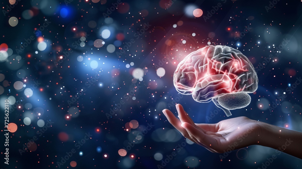 Holographic human brain floating, hands examining intricate neural ...