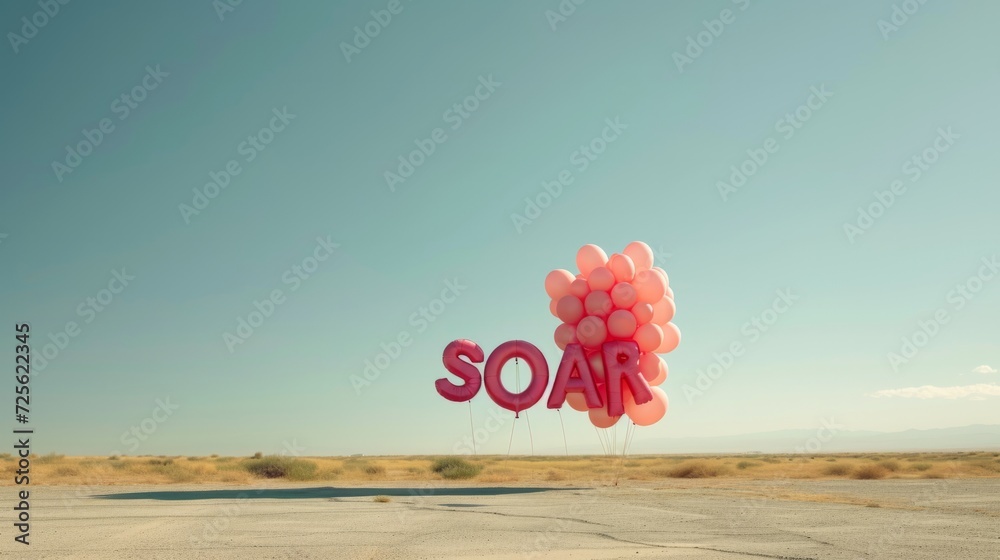 Artistic concept with "SOAR" letter balloons amidst a cluster of pink ...