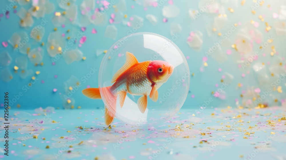 Goldfish encased in bubble with pastel confetti background ...