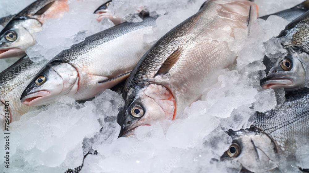 Fresh uncut sea red fish lies in ice on the counter of a store, market ...