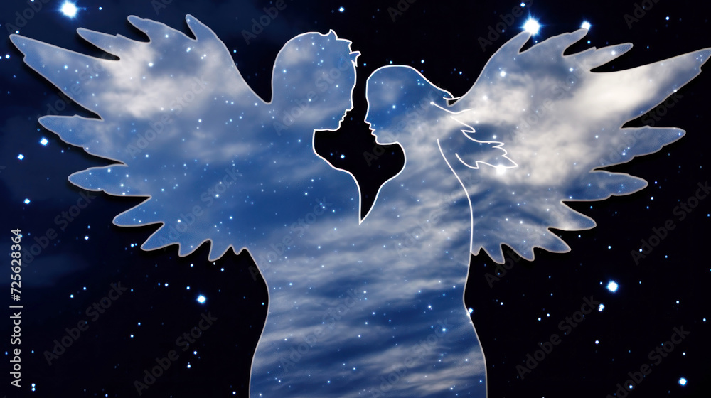 Double exposure silhouette of angels couple in love and starry sky on ...
