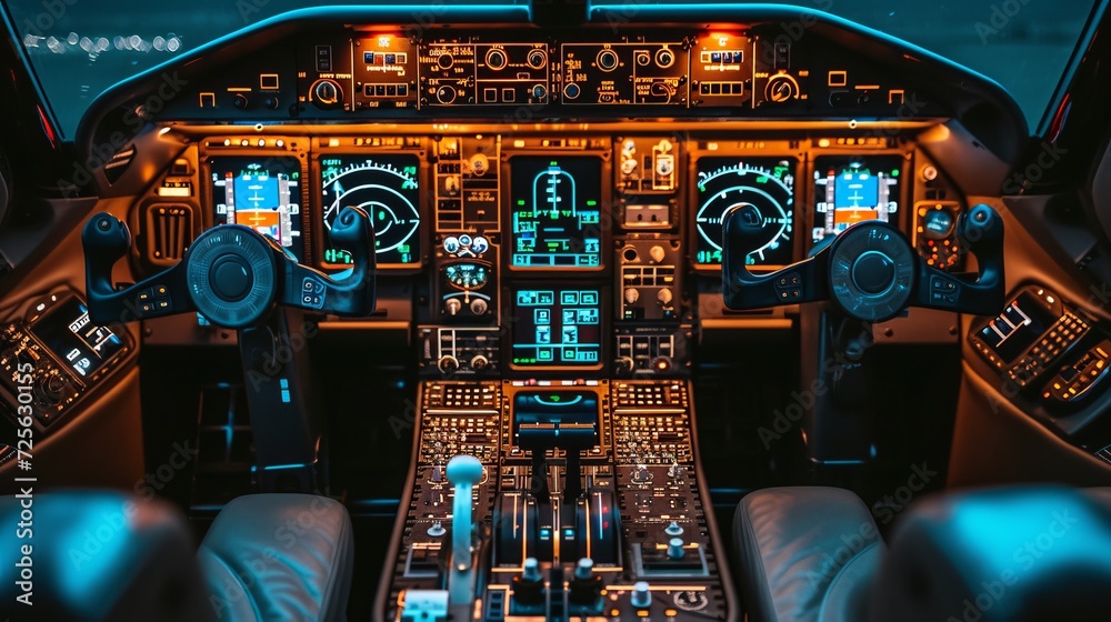 Pilot flying an airplane cockpit interior with control panel, dashboard ...