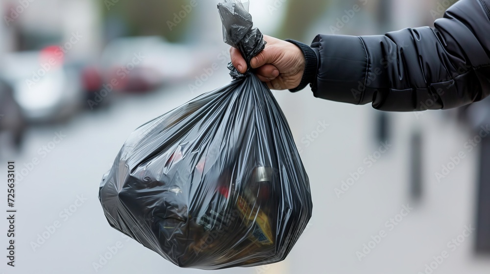Responsible man taking out a garbage bag from the trash can at home to ...