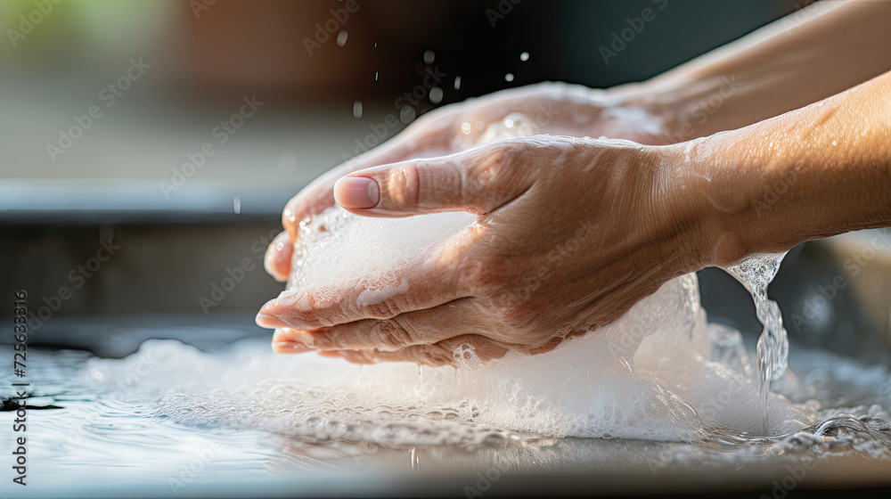 people wash their hands with liquid soap and water until thick foam ...