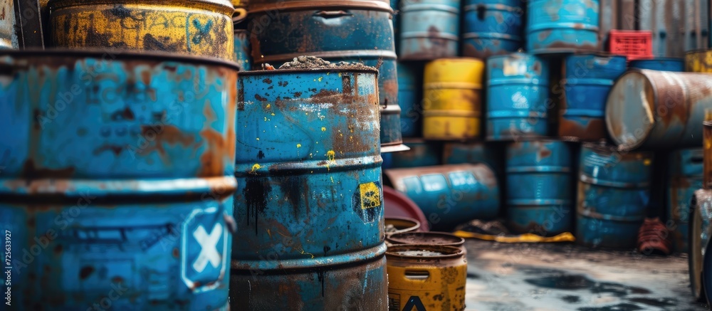 Toxic waste stored in various containers, including old chemical ...