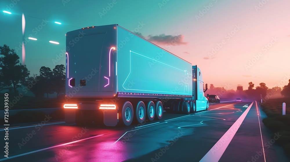 Generative AI : Big White Semi-Truck with Cargo Trailer Drives on the ...