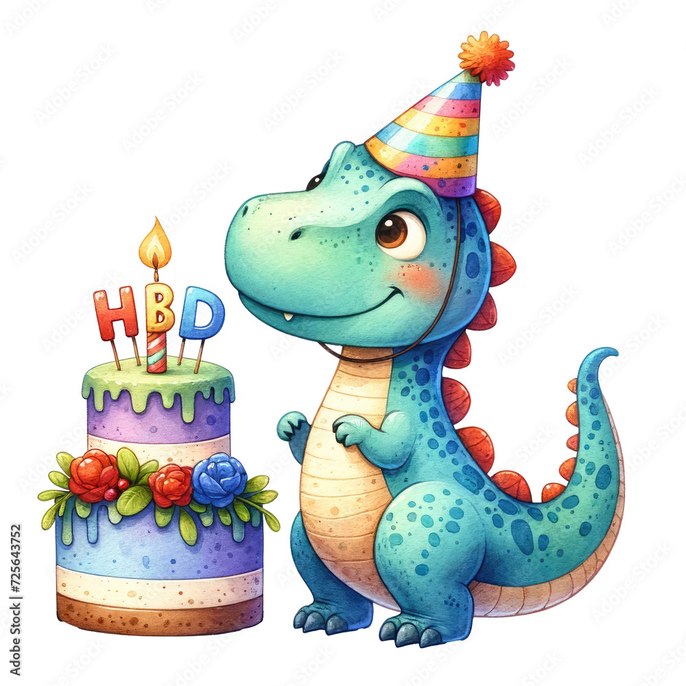 A playful blue dinosaur donning a party hat stands next to a layered ...