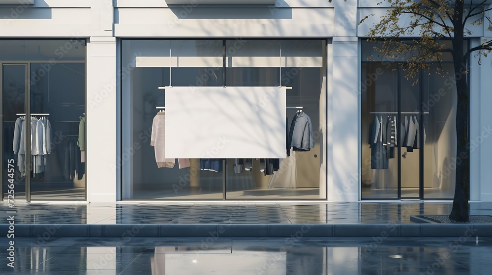 Generative AI : horizontal white empty signage on clothes shop front ...