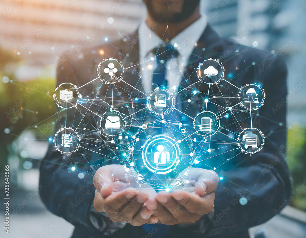 Businessman hand-holding network administration icons with seamless ...