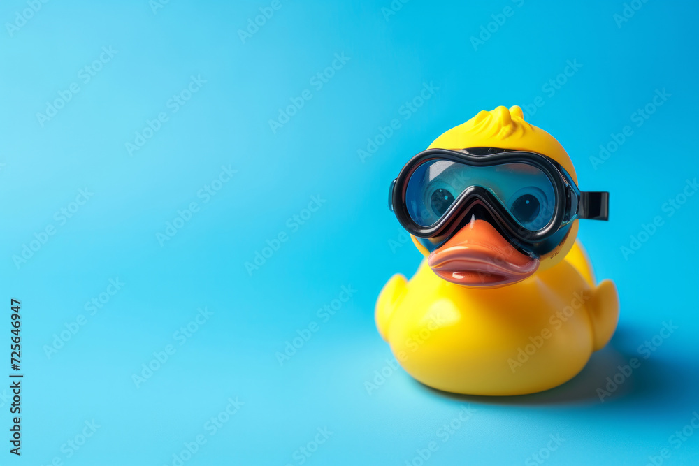 Rubber duck with mask Yellow rubber duck swimming in the water. Top ...