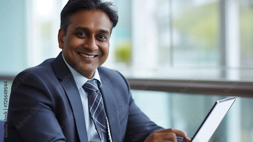 Generative AI : Smiling mid aged business man ceo wearing blue suit ...