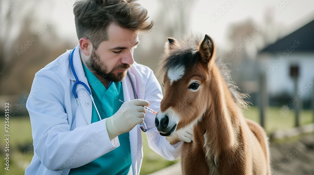 Generative AI : Young attractive male veterinarian giving injection to ...
