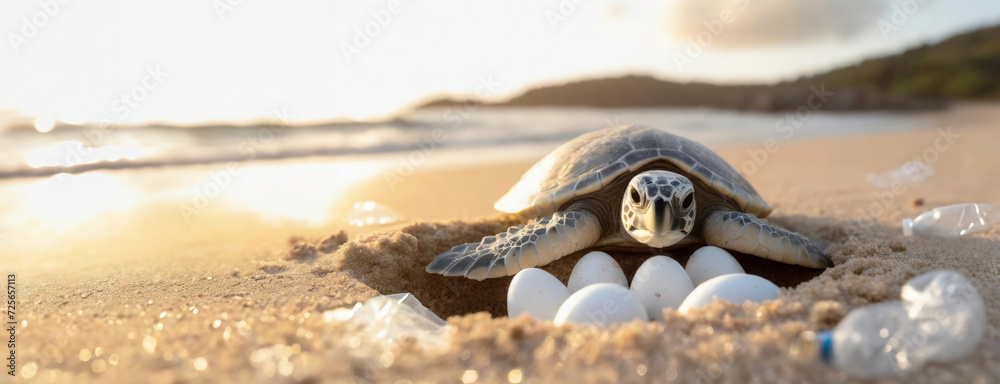 Sea turtle with eggs on a beach, plastic bottles around in sunset light ...